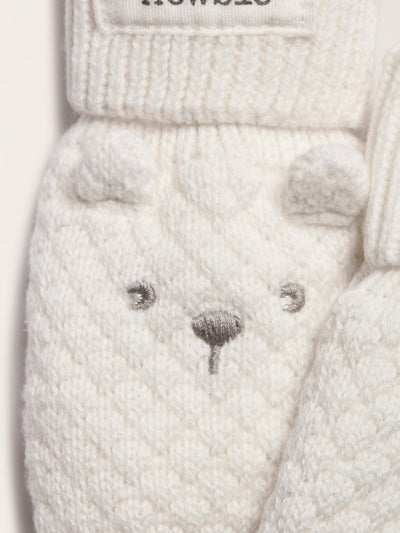 Baby white knitted thumbless bear face mittens Newbie